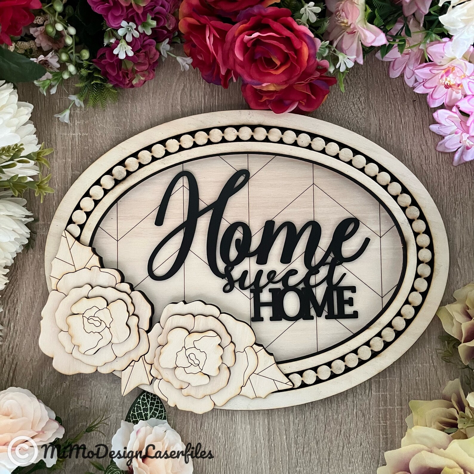 Beaded Frame Sign With 3D Layered Peonies - Home Sweet Home Text and ...