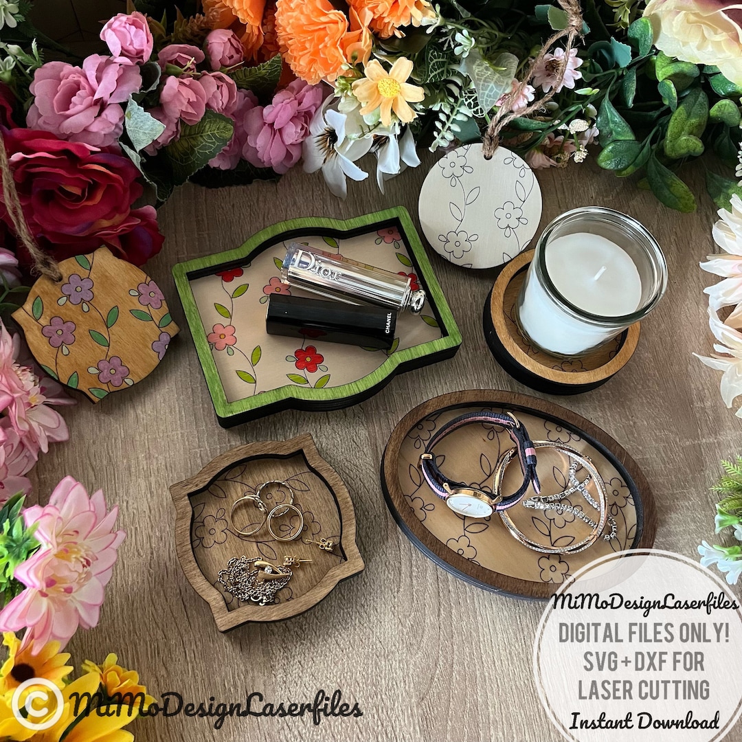 4 Trinket Trays Incl. Tags With Scored and Single Line Floral Design ...