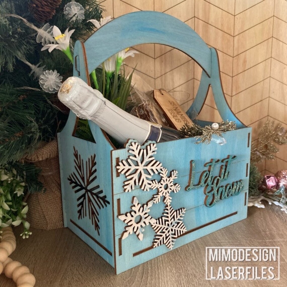 Snowflake Christmas Gift Basket Crate Box Caddy for Wine, Ornaments ...