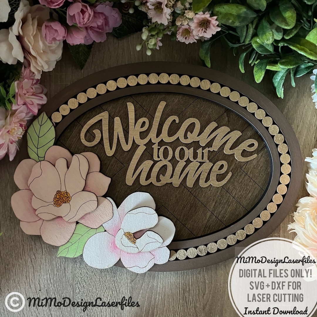Beaded Frame Sign With 3D Layered Magnolias - Welcome to Our Home Text ...