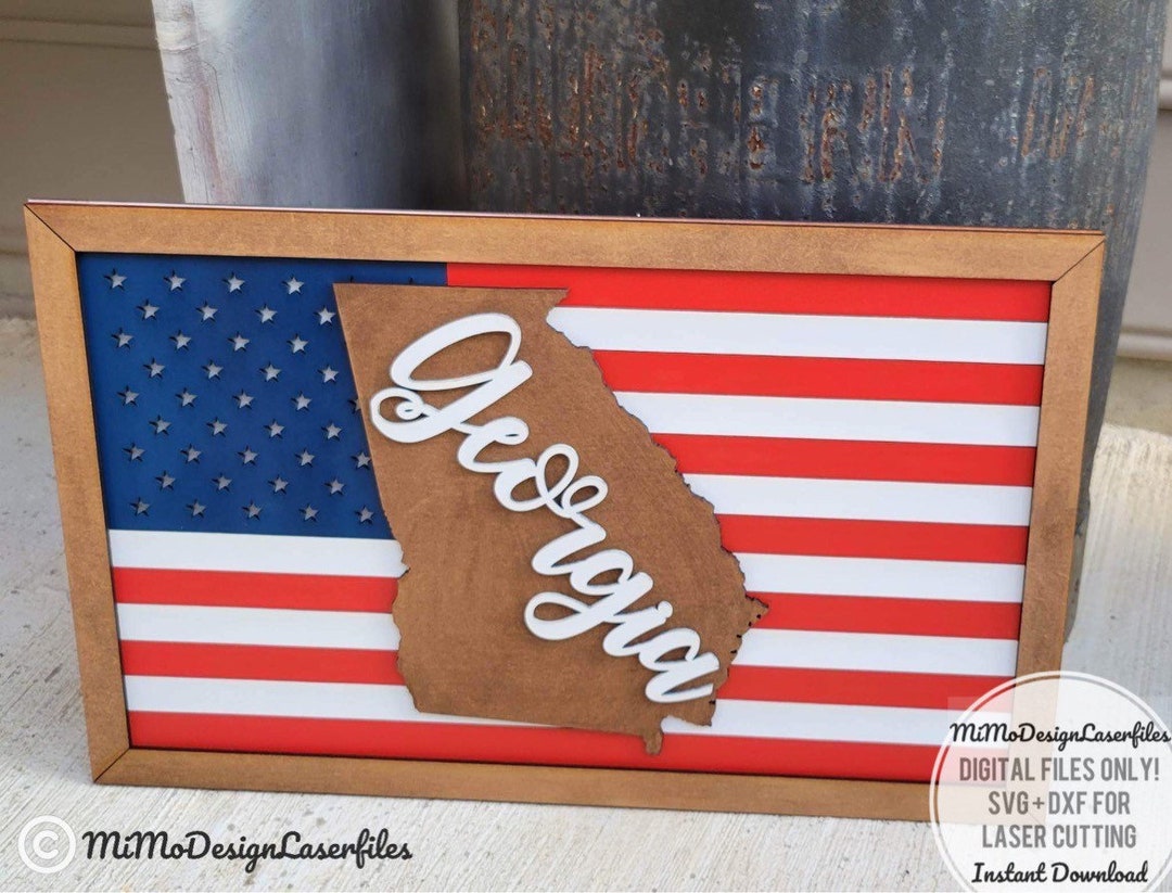 GEORGIA State Flag Sign With the American Flag and Frames, Layered and ...