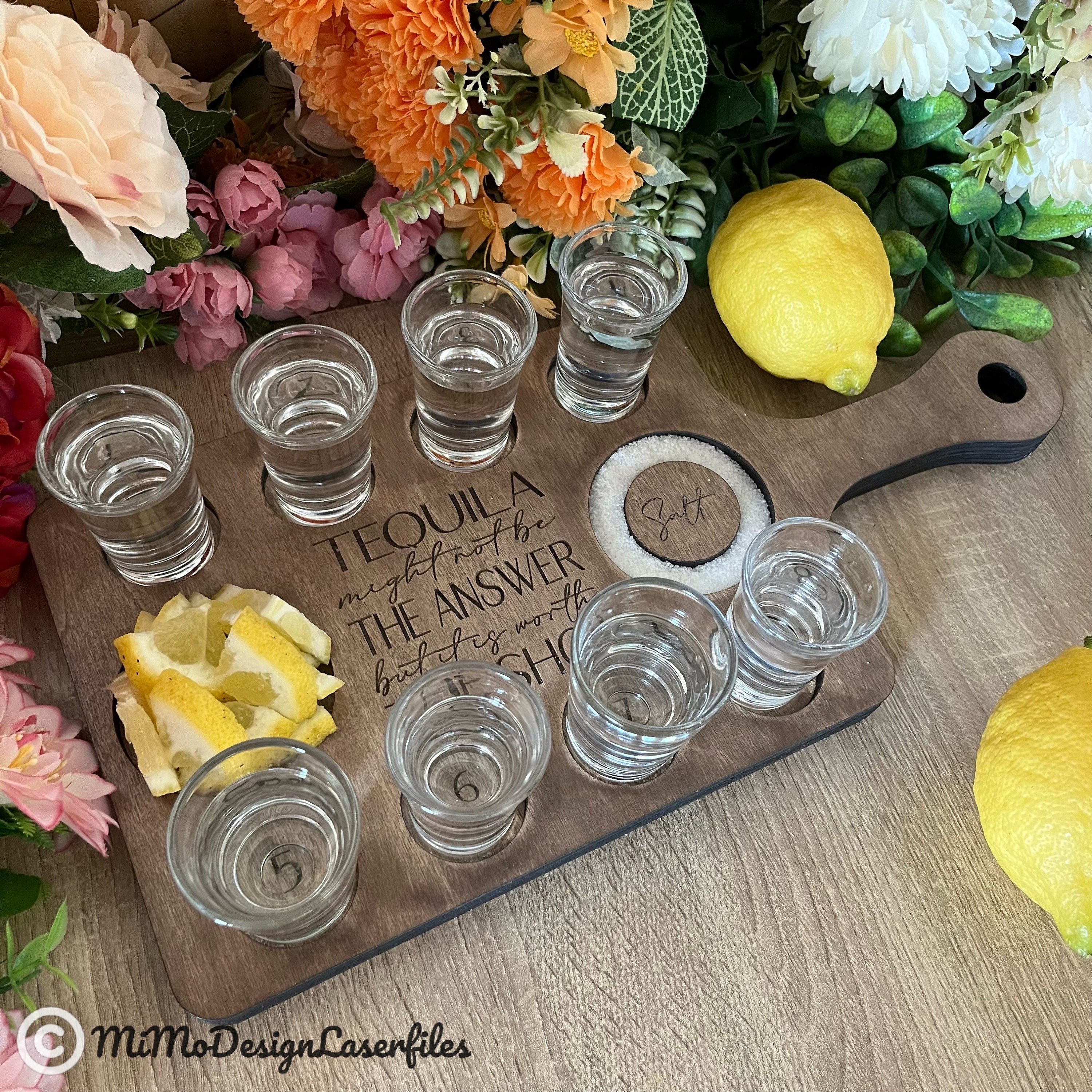 8 Shots Tequila Board With Handle - Includes Lemons, Lime and Blank ...