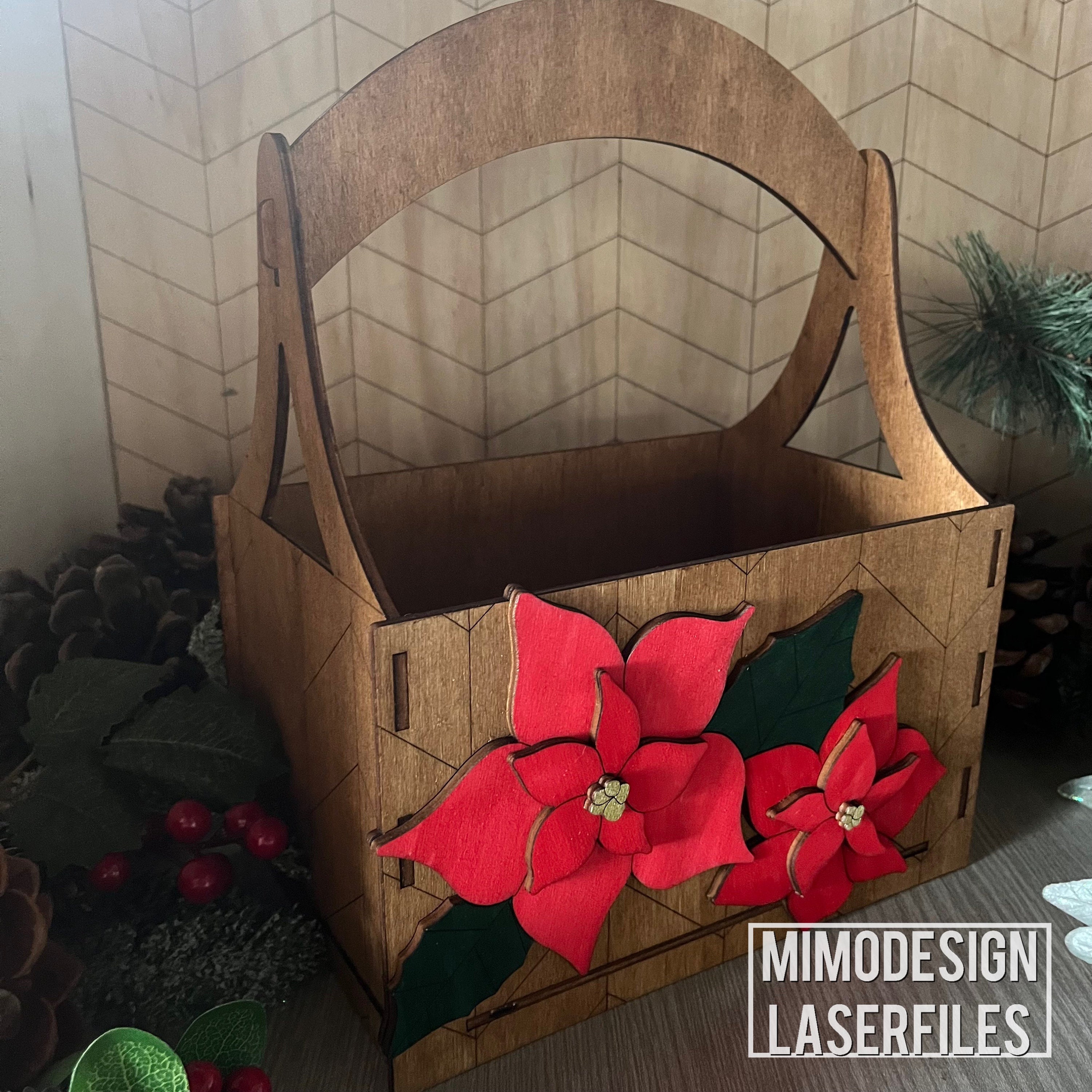 Poinsettias Gift or Decor Xmas Basket for Holding Wine, Decor, Snacks ...