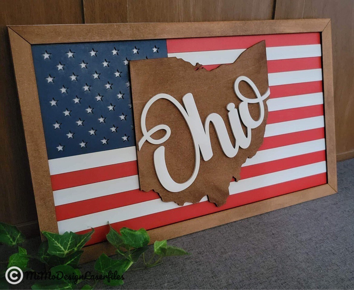 OHIO State Flag Sign With the American Flag and Frames, Layered and ...