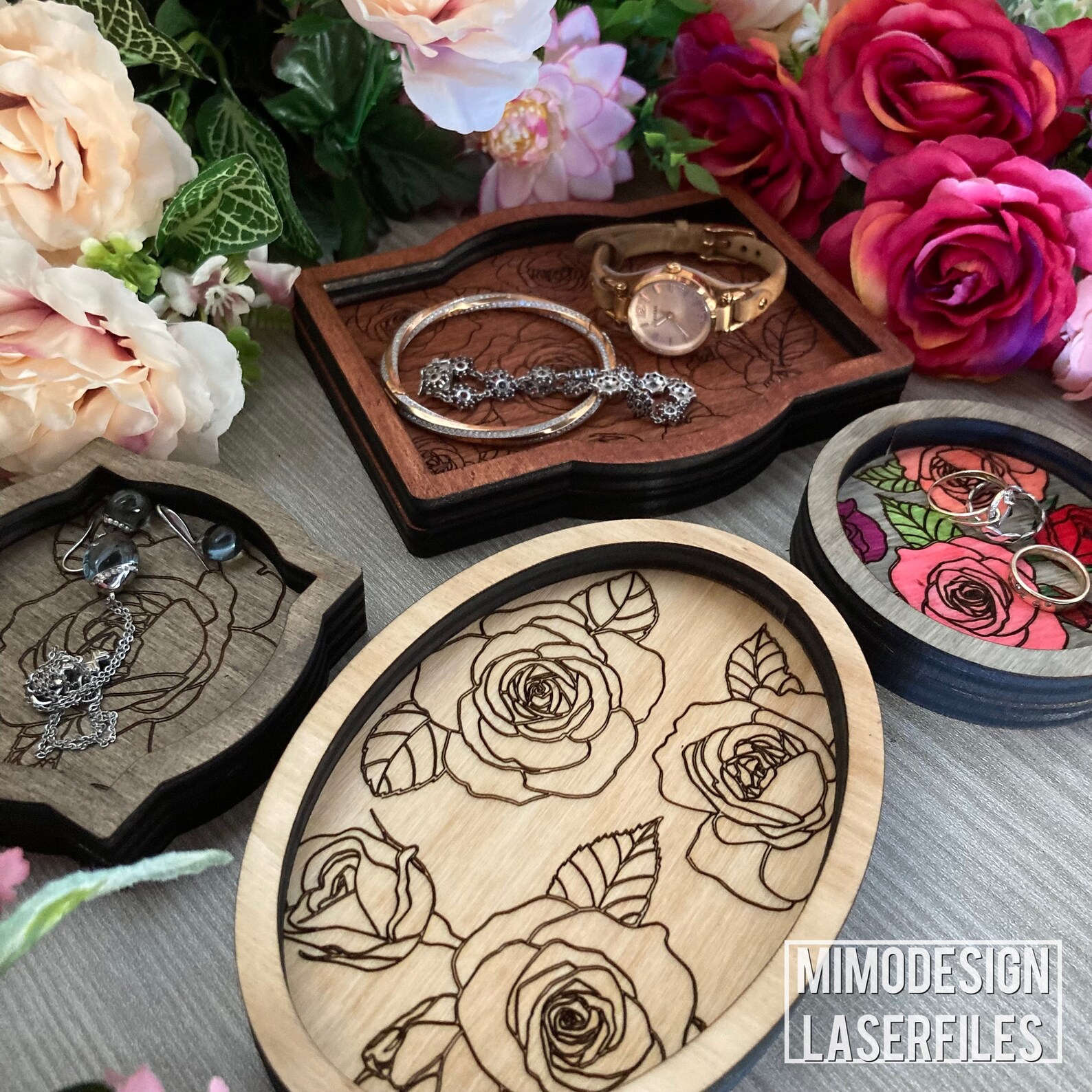 4 Trinket / Valet Trays Dish Incl Tags With Scored Hand Drawn Floral ...