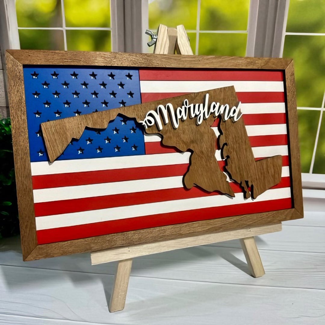 MARYLAND State Flag Sign With the American Flag and Frames, Layered ...