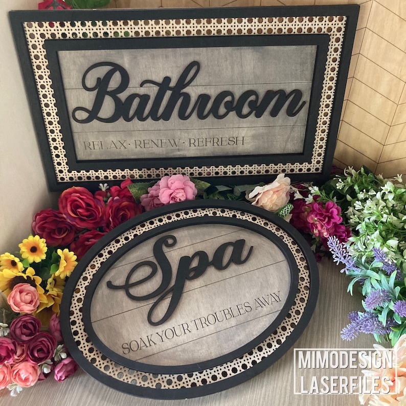 Bundle of Bathroom Rattan Frame Signs / Door Hangers Incl. Blank Frames ...