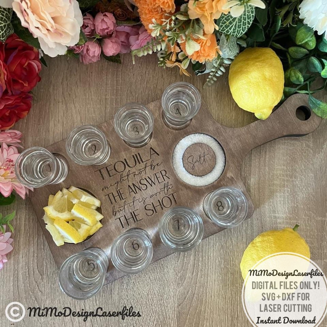 8 Shots Tequila Board With Handle - Includes Lemons, Lime and Blank ...