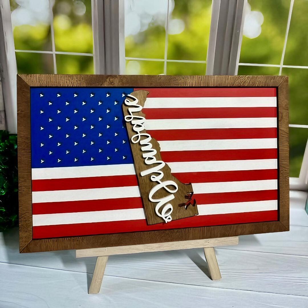 DELAWARE State Flag Sign With the American Flag and Frames, Layered ...