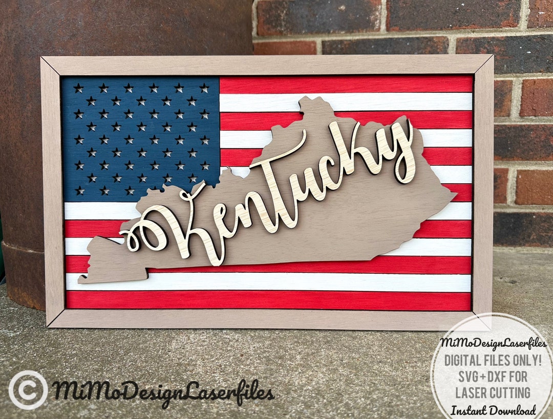 KENTUCKY State Flag Sign With the American Flag and Frames, Layered ...