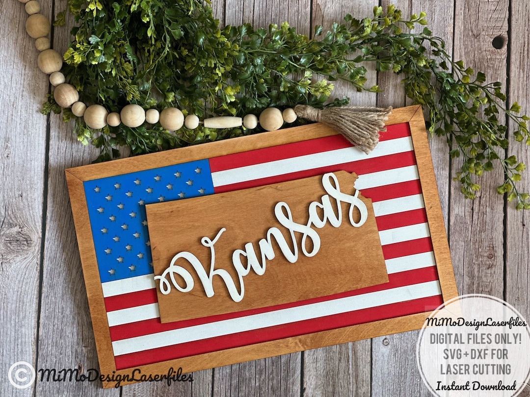 KANSAS State Flag Sign With the American Flag & Frames, Layered and ...