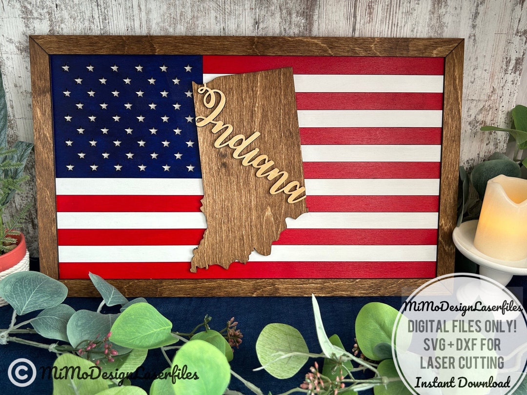 INDIANA State Flag Sign With the American Flag and Frames, Easy to Make ...