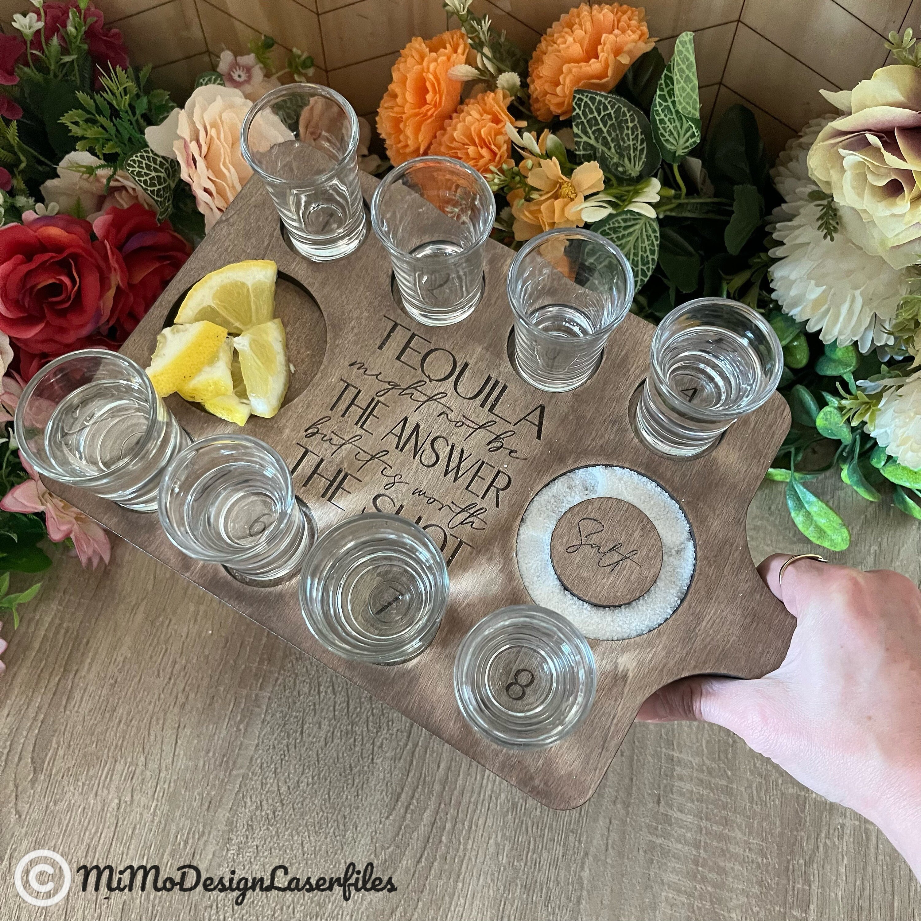 8 Shots Tequila Board With Handle - Includes Lemons, Lime and Blank ...