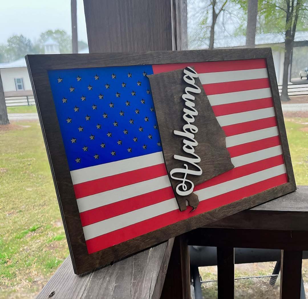 ALABAMA State Flag Sign With the American Flag and Frames, Layered ...