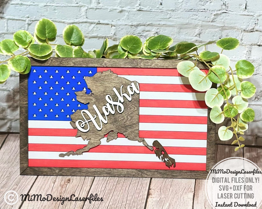 ALASKA State Flag Sign With the American Flag & Frames, Layered and ...