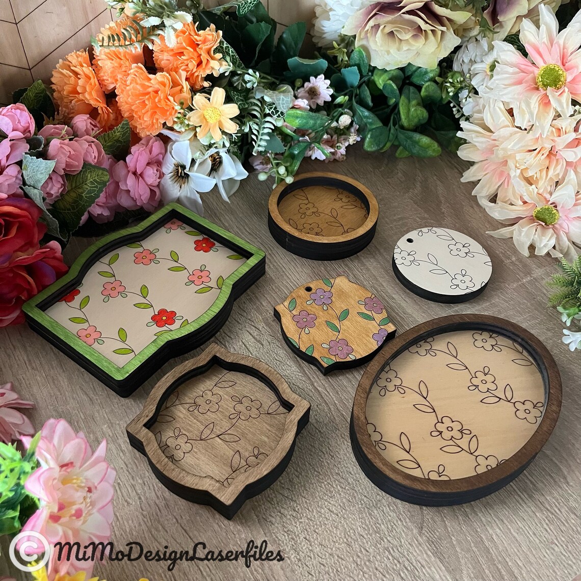 4 Trinket Trays Incl. Tags With Scored and Single Line Floral Design ...