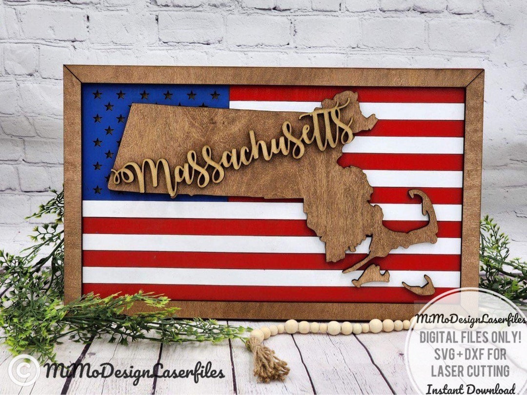 MASSACHUSETTS State Sign With the American Flag and Frames, Layered and ...