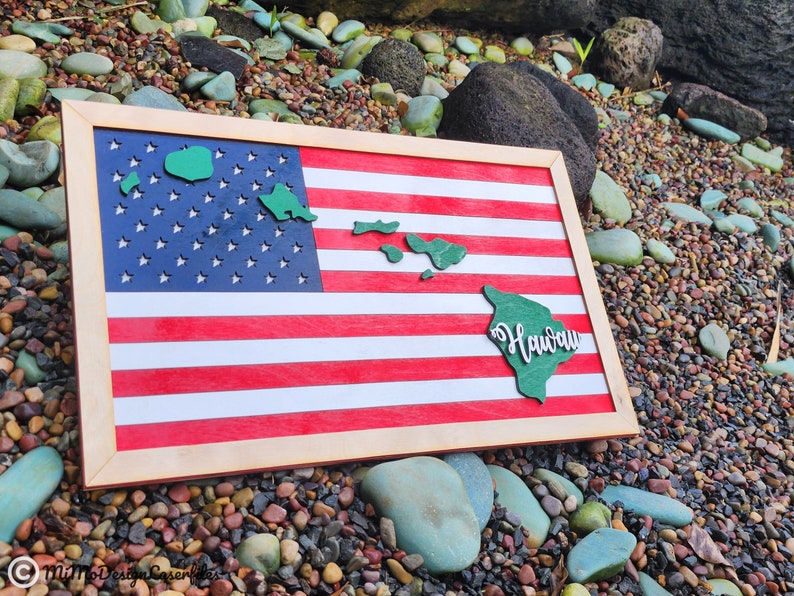 HAWAII State Flag Sign With the American Flag and Frames, Layered ...