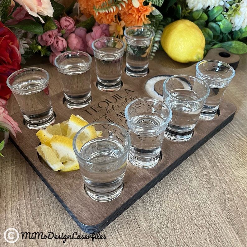8 Shots Tequila Board With Handle - Includes Lemons, Lime and Blank ...