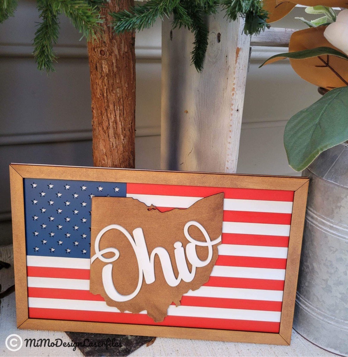 OHIO State Flag Sign With the American Flag and Frames, Layered and ...