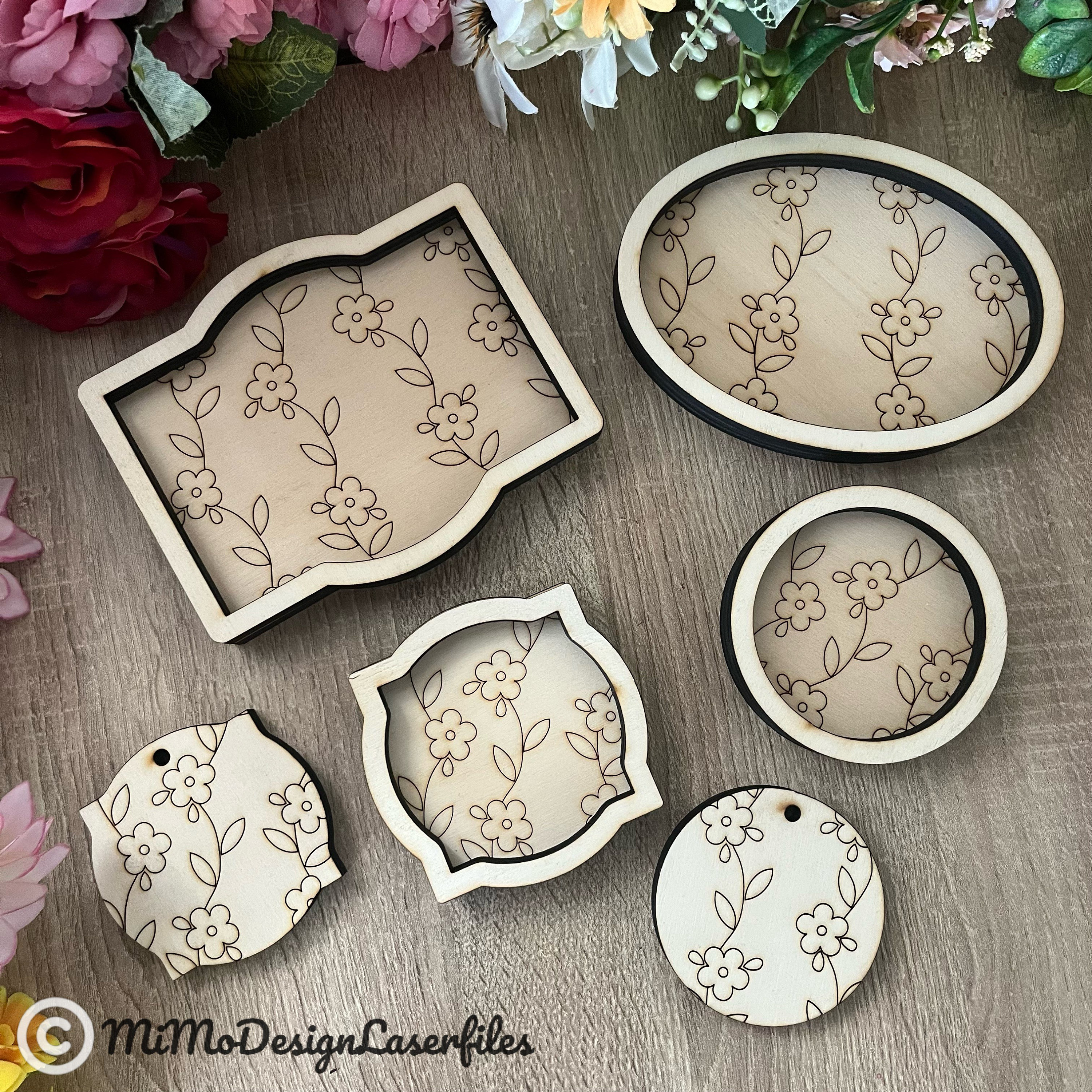 4 Trinket Trays Incl. Tags With Scored and Single Line Floral Design ...