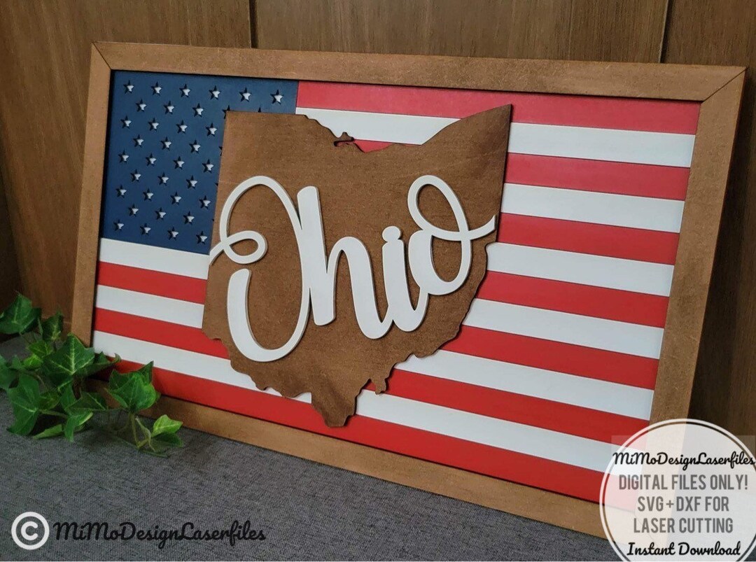 OHIO State Flag Sign With the American Flag and Frames, Layered and ...