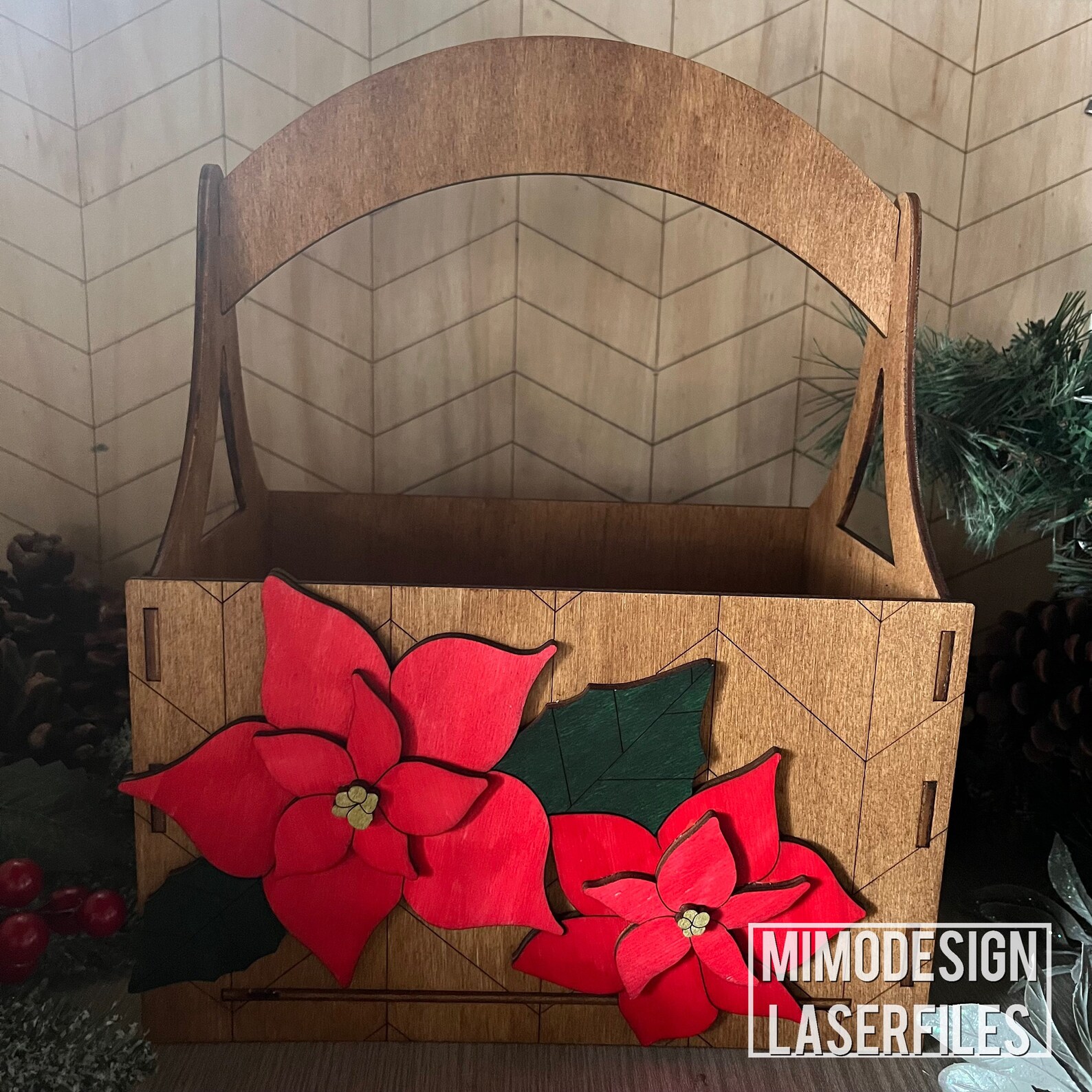 Poinsettias Gift or Decor Xmas Basket for Holding Wine, Decor, Snacks ...