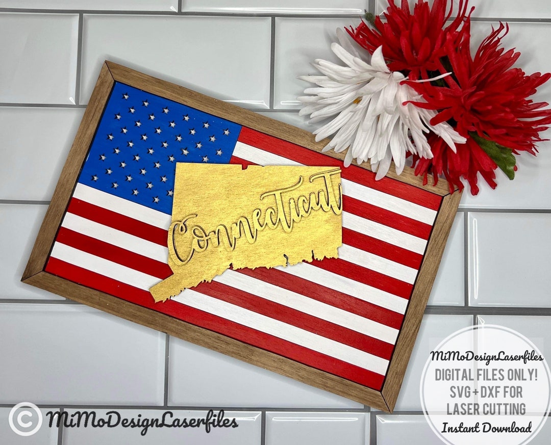 CONNECTICUT State Flag Sign With the American Flag + Frames, Easy to ...