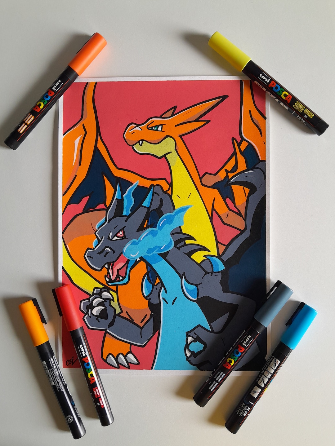 Hand-painted Pokemon Mega Charizard X & Mega Charizard Y A4 Artwork ...