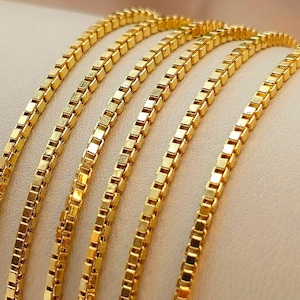 18K Solid Gold Box Chain Necklace, Real 18K Gold Box Links Chain, Solid ...