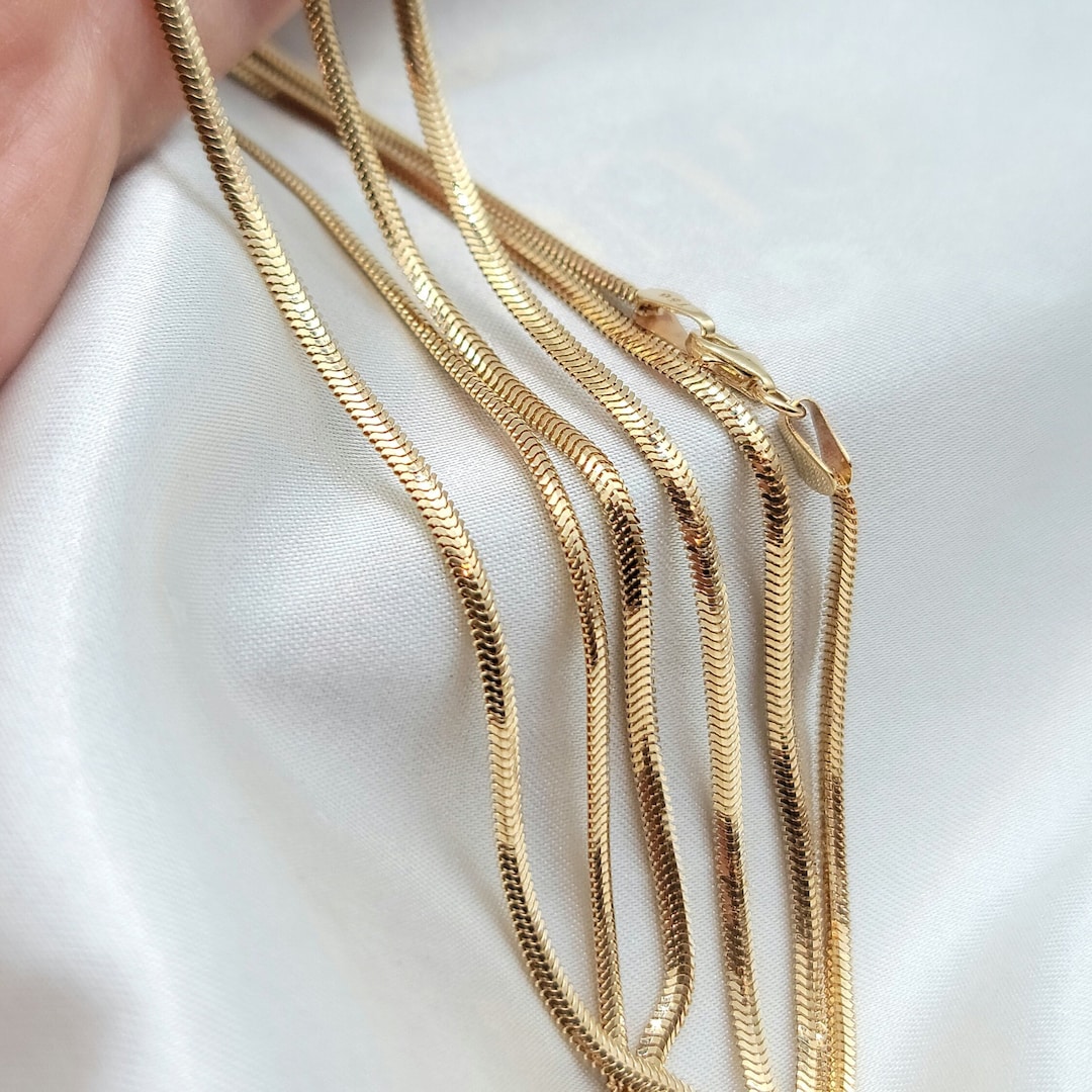 18K-14K Solid Gold Herringbone Snake Chain Necklace: 16-19.5 Inch ...