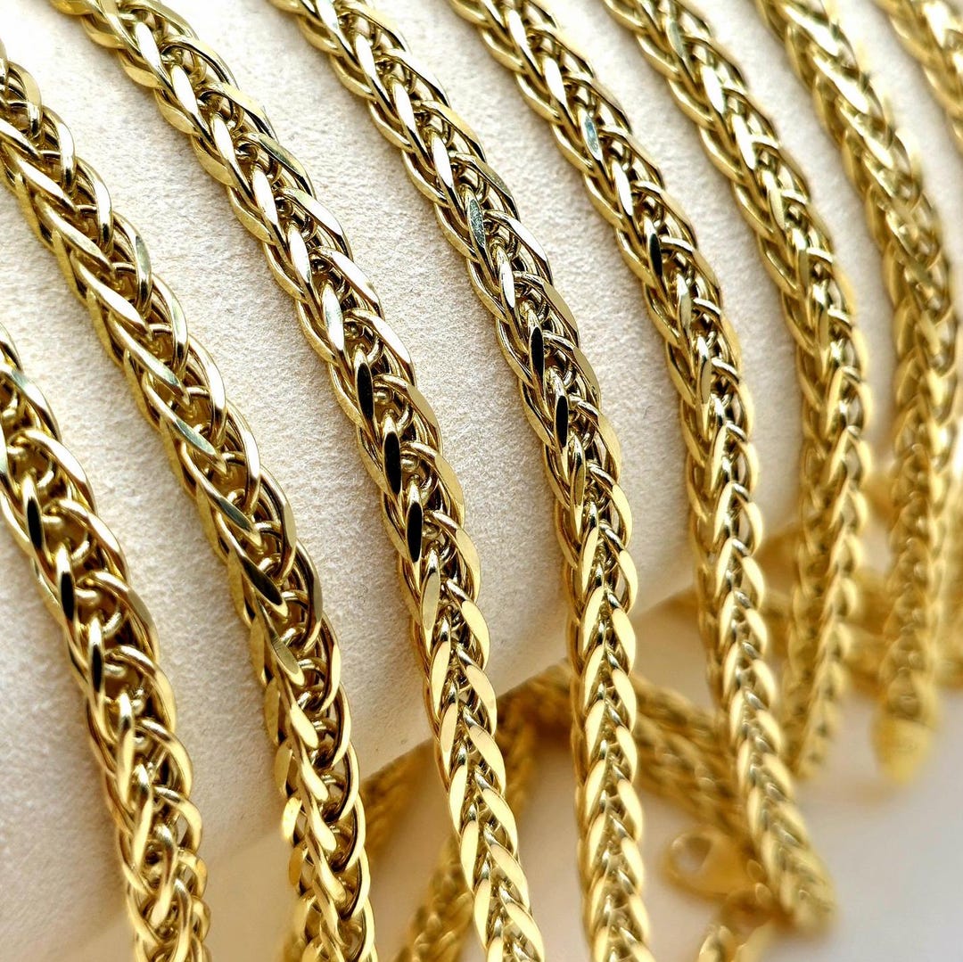14K Solid Gold Franco Chain Necklace: Diamond-cut Wheat Link, 3-4MM ...