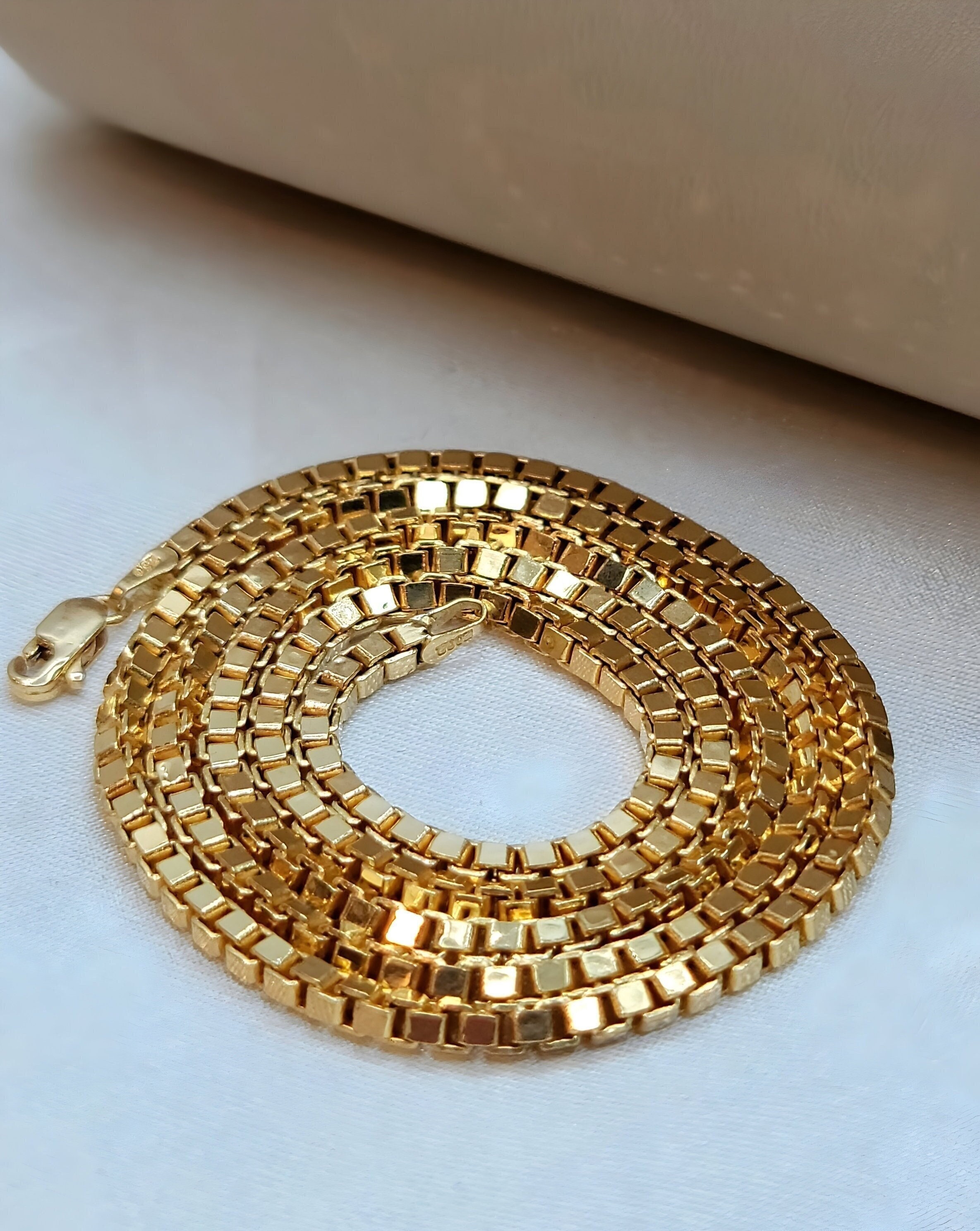 18K Solid Gold Box Chain Necklace – 3mm Square Link Unisex - Etsy