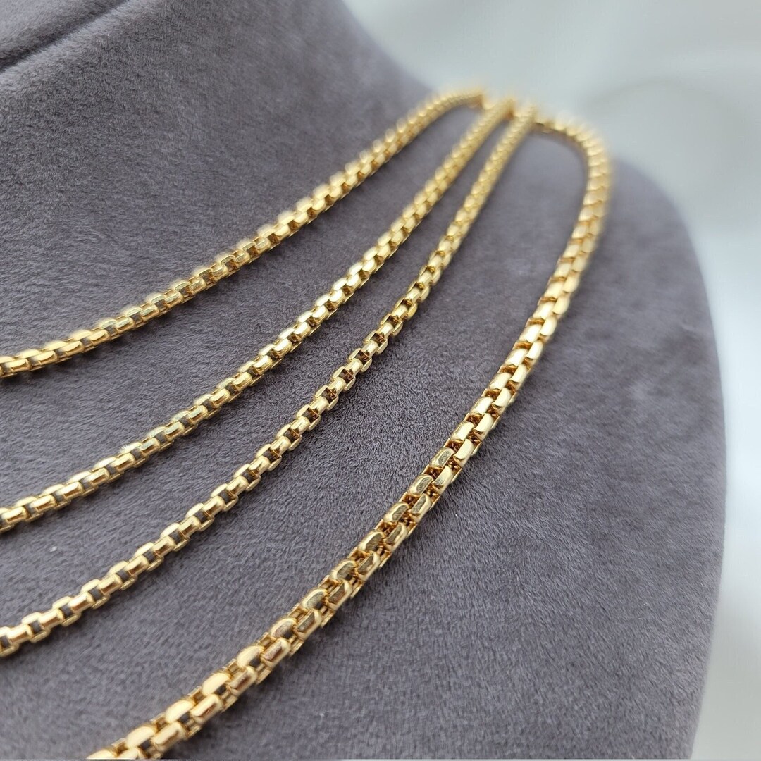 14K Solid Gold Box Chain Necklace, 16 to 26_ 2.5mm to 3.5mm, 14K Real ...