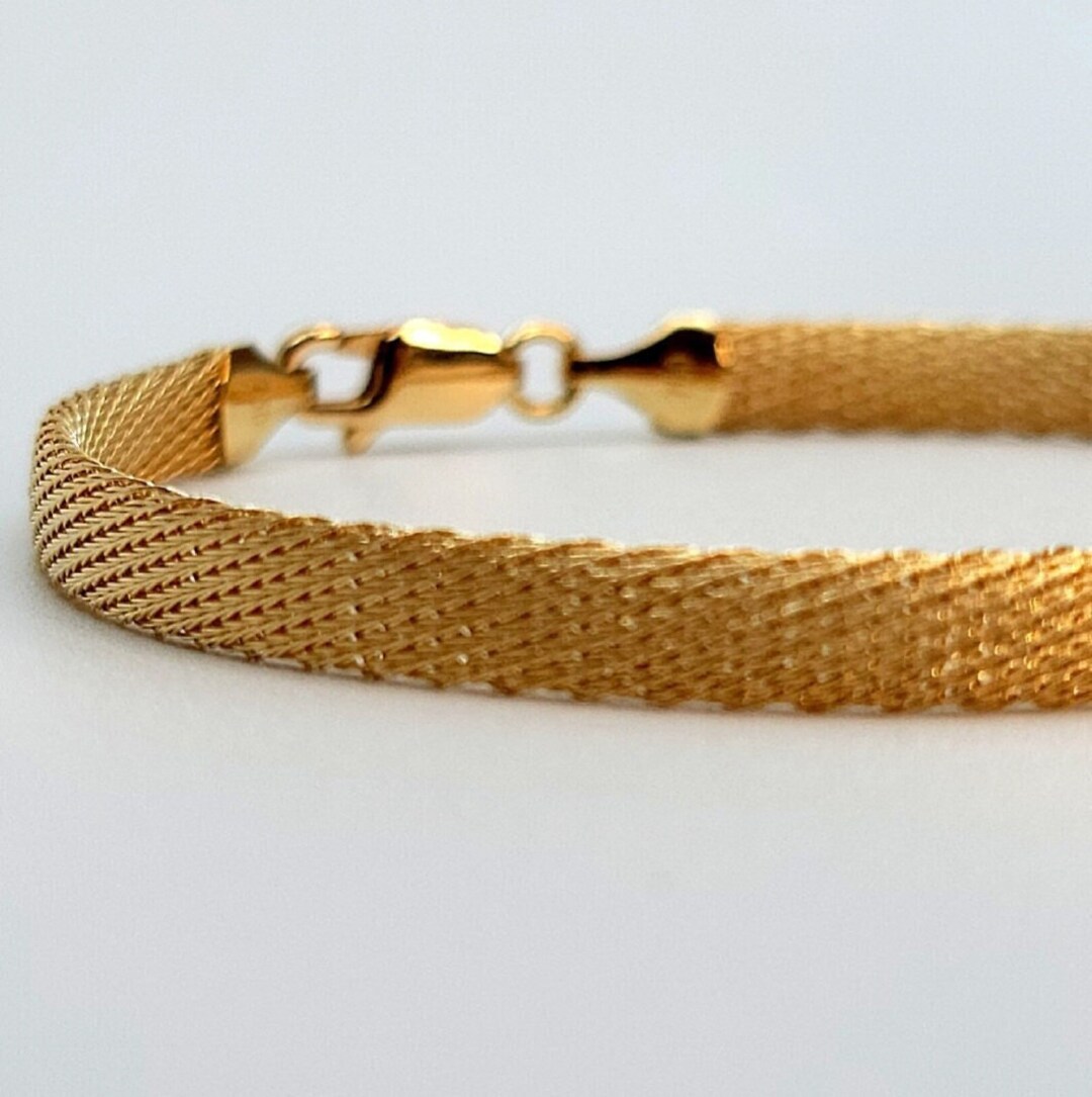 18K Solid Gold Mesh Bracelet, Knit Chain Bracelet, Real 18K Gold ...