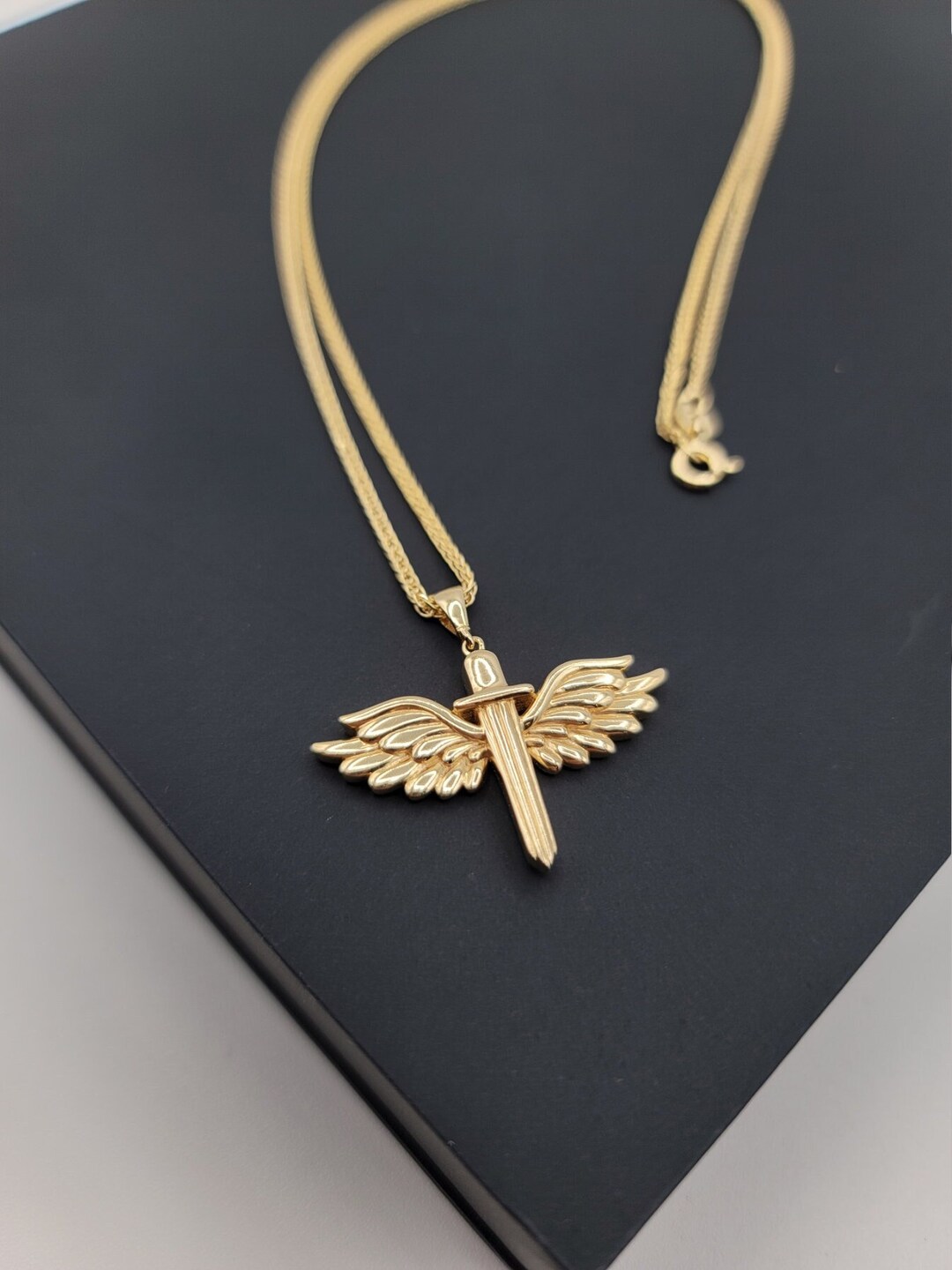 14K Solid Gold Foxtail Chain With Stylish Winged Sword Pendant. Perfect ...