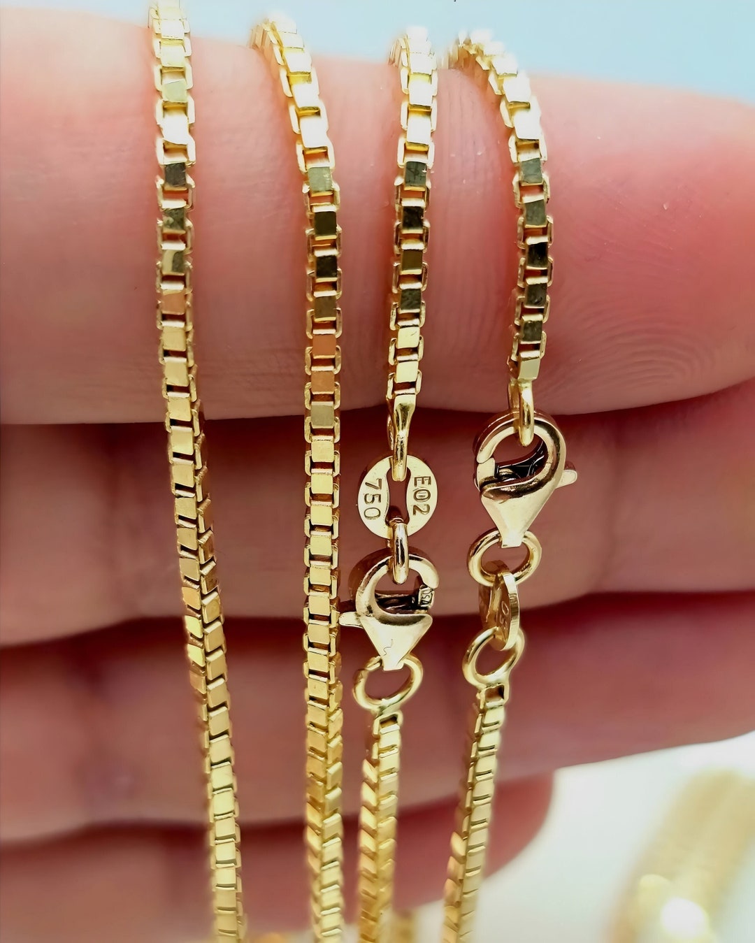 18K Solid Gold Box Chain Necklace, Real 18K Gold Box Links Chain, Solid ...