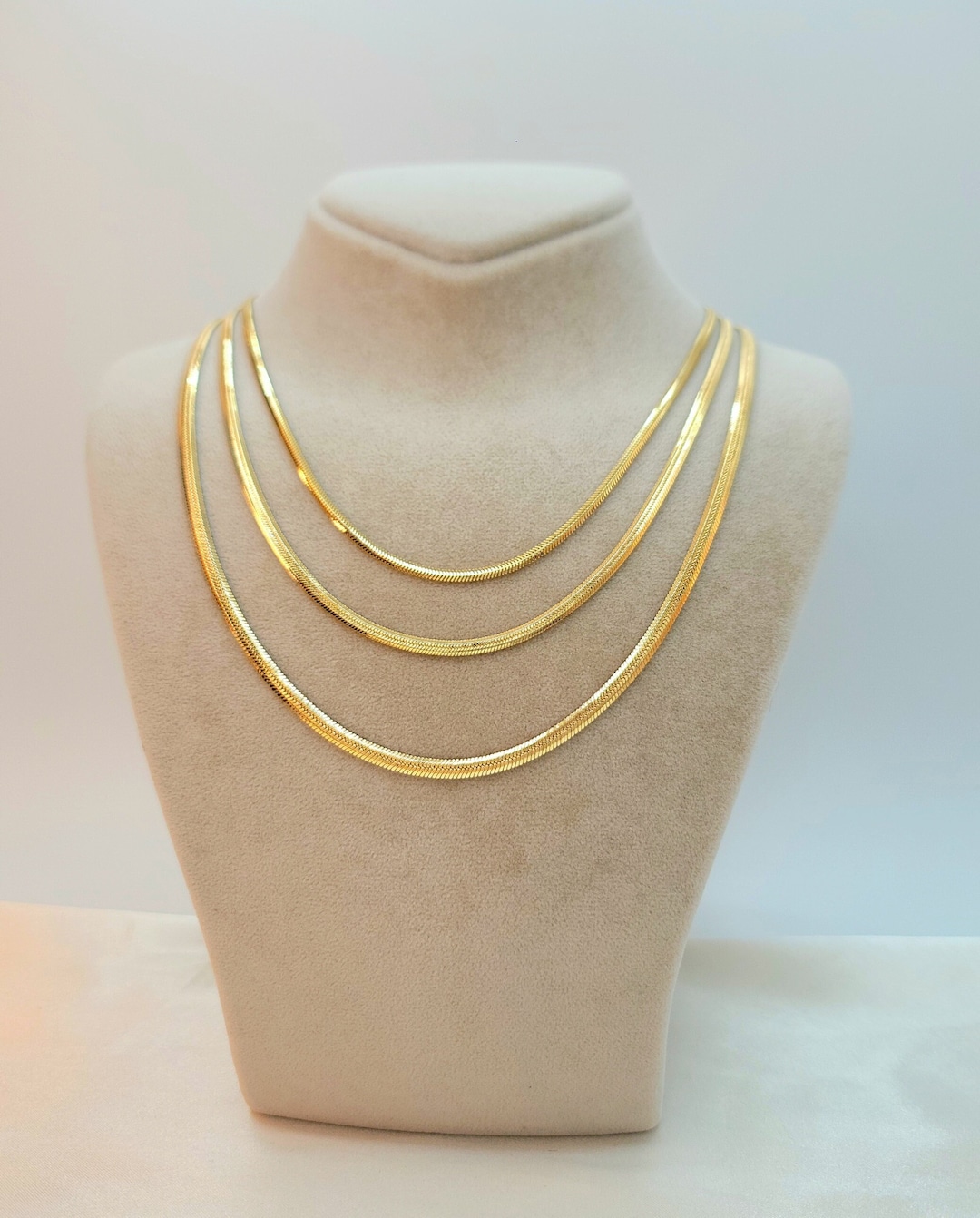 14K Solid Gold Snake Herringbone Necklace, Flat Herringbone Choker, 2mm ...