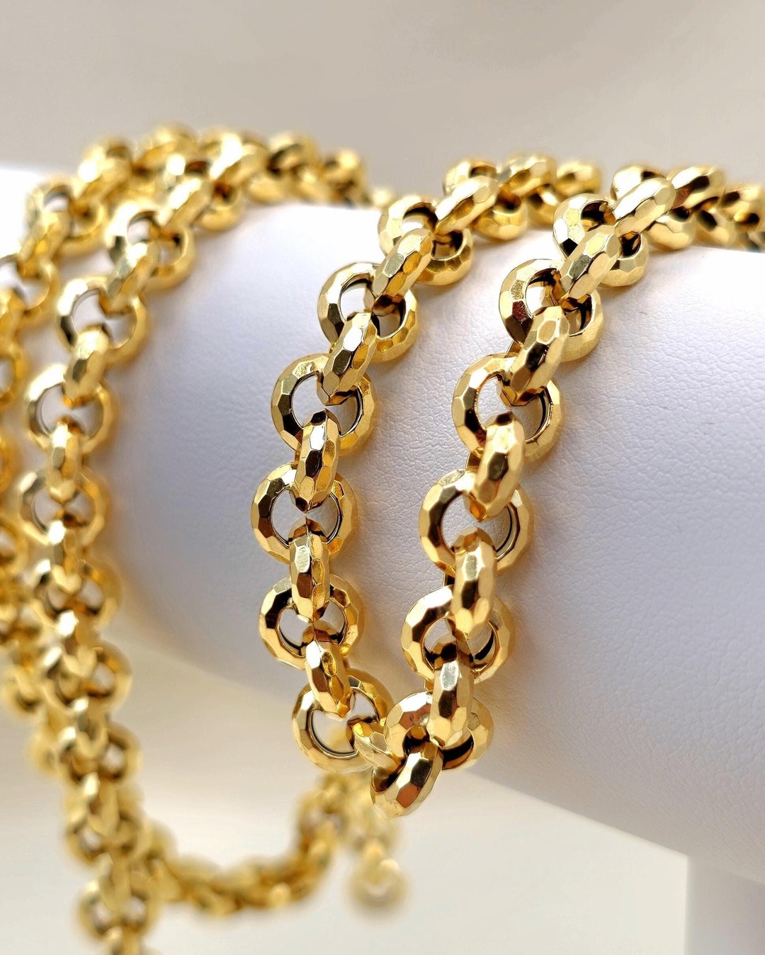 18K Solid Gold Rolo Chain Necklace or Bracelet: Yellow Gold Diamond-cut ...