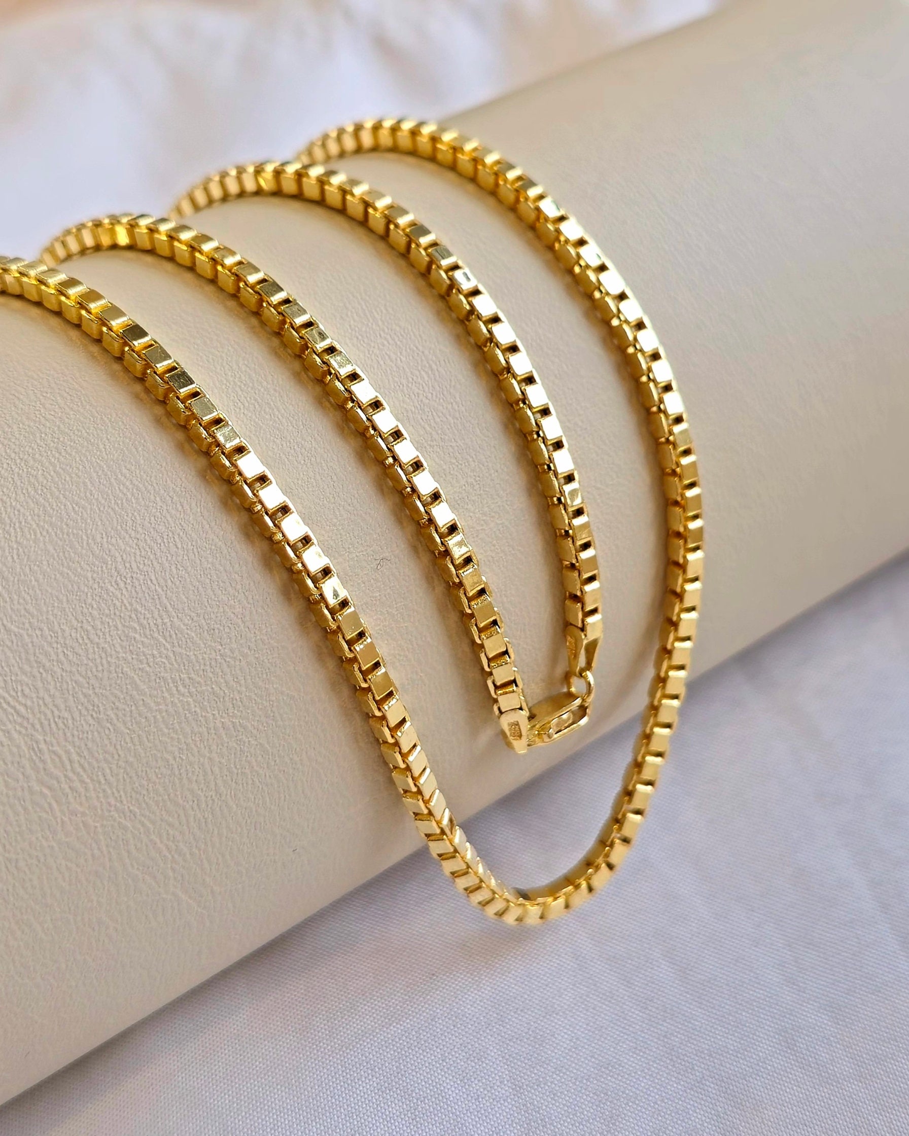 18K Solid Gold Box Chain Necklace - High Polish Square Box Link (3MM ...