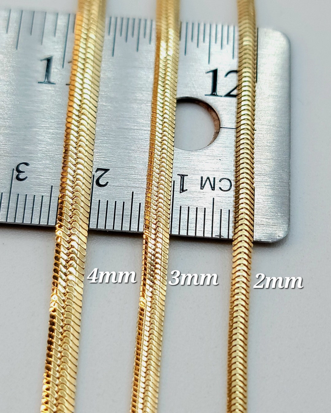 14K Solid Gold Snake Herringbone Necklace: Flat Gold Chain, 2mm-4mm ...