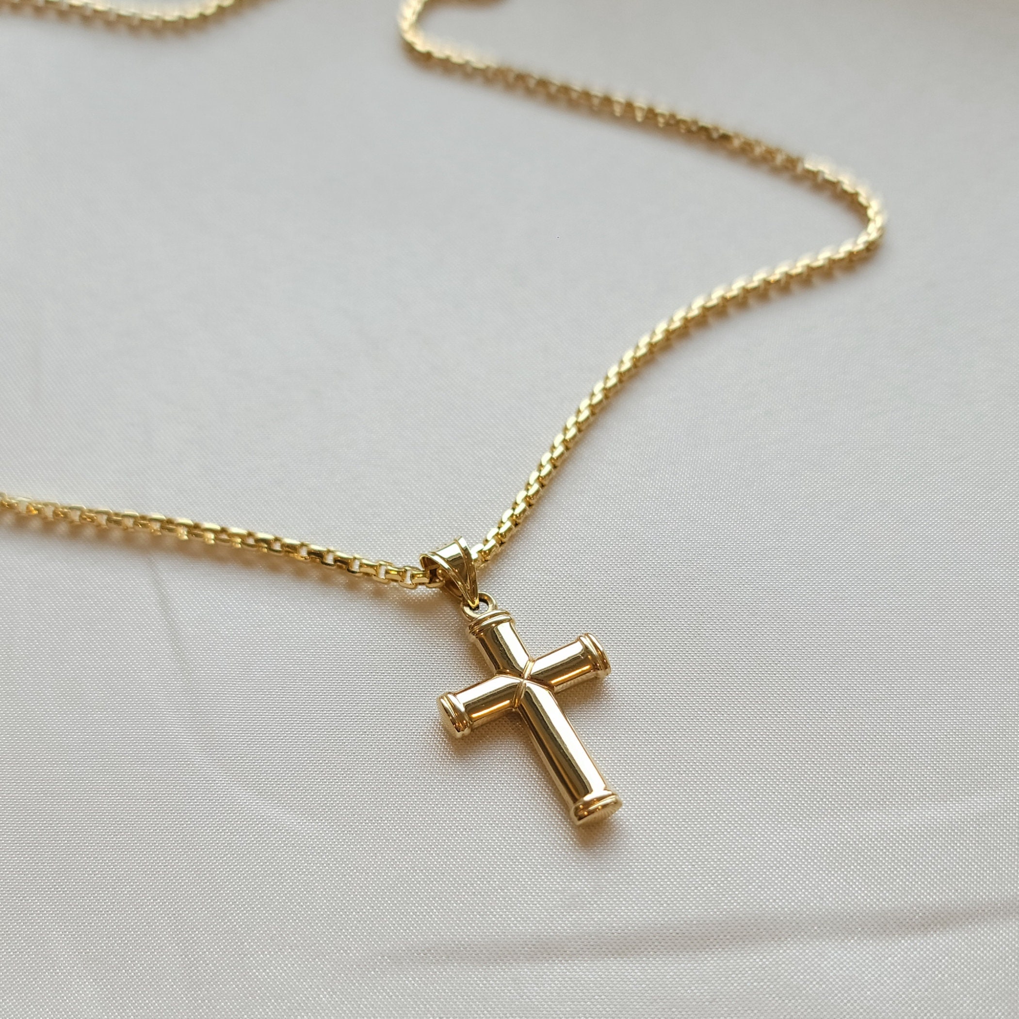 14K Solid Gold Cross Necklace 14K Solid Gold Box Chain | Etsy