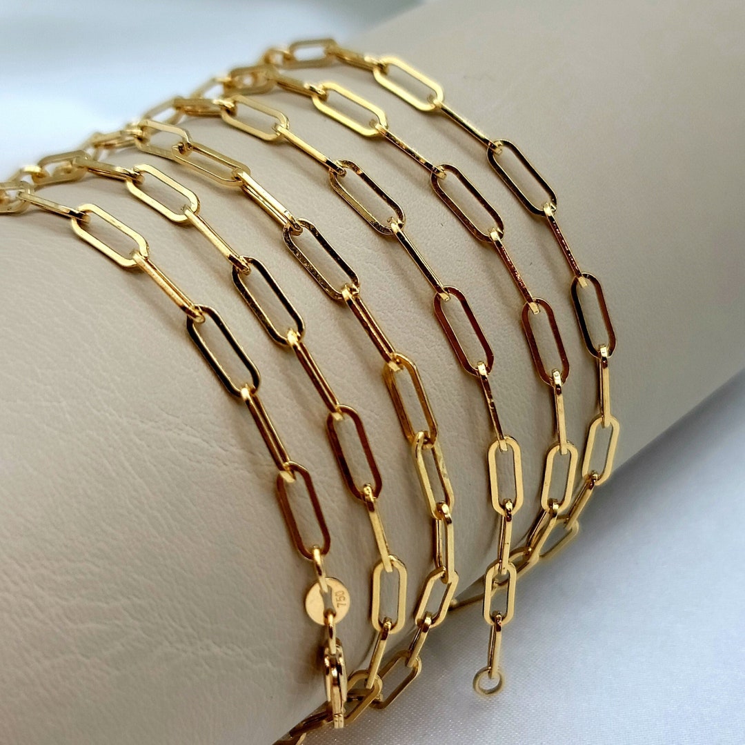18K Solid Gold Paperclip Chain Necklace, Real 18K Yellow Gold Paperclip ...