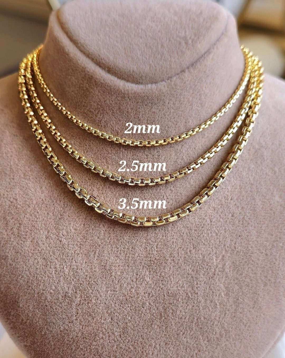 14K Solid Gold Box Chain Necklace: Round Link Diamond-cut (2mm-3.5mm ...