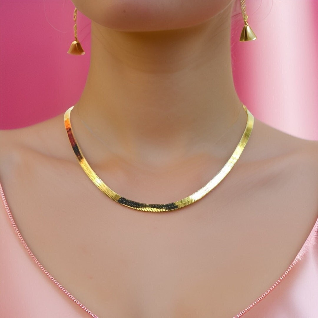18K Solid Gold Herringbone Necklace, 18K Real Gold Snake Herringbone ...