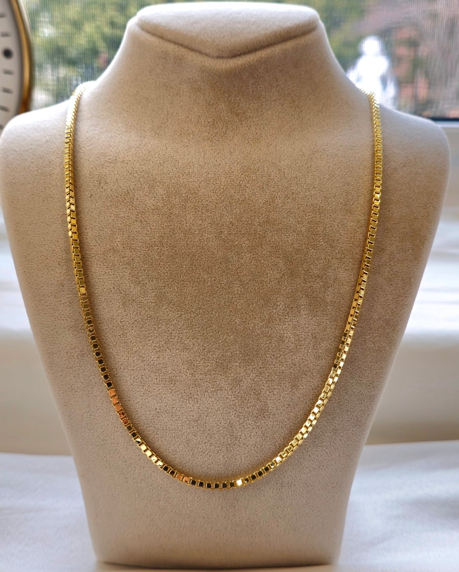 18K Solid Gold Box Chain Necklace - High Polish Square Box Link (3MM ...
