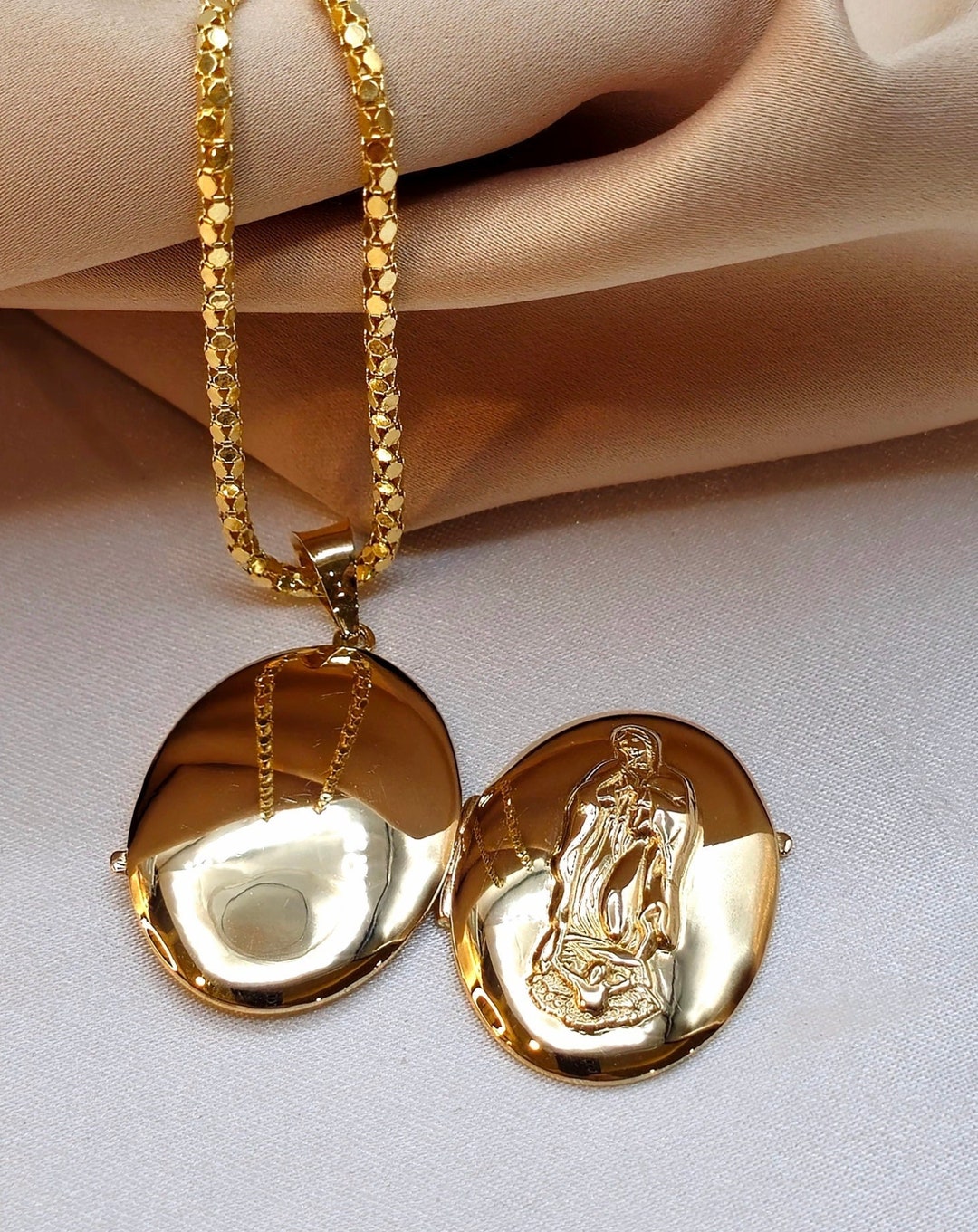14K Solid Gold Locket Necklace: Bead Box Chain, Memorial Charm Pendant ...