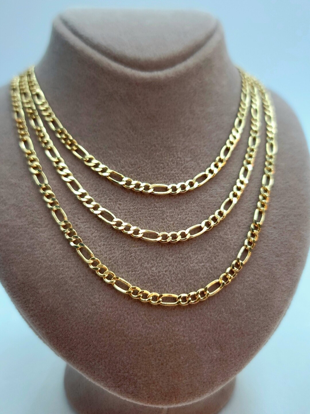 18K Solid Gold Figaro Chain Necklace, Real 18K Gold Figaro Link Chain ...
