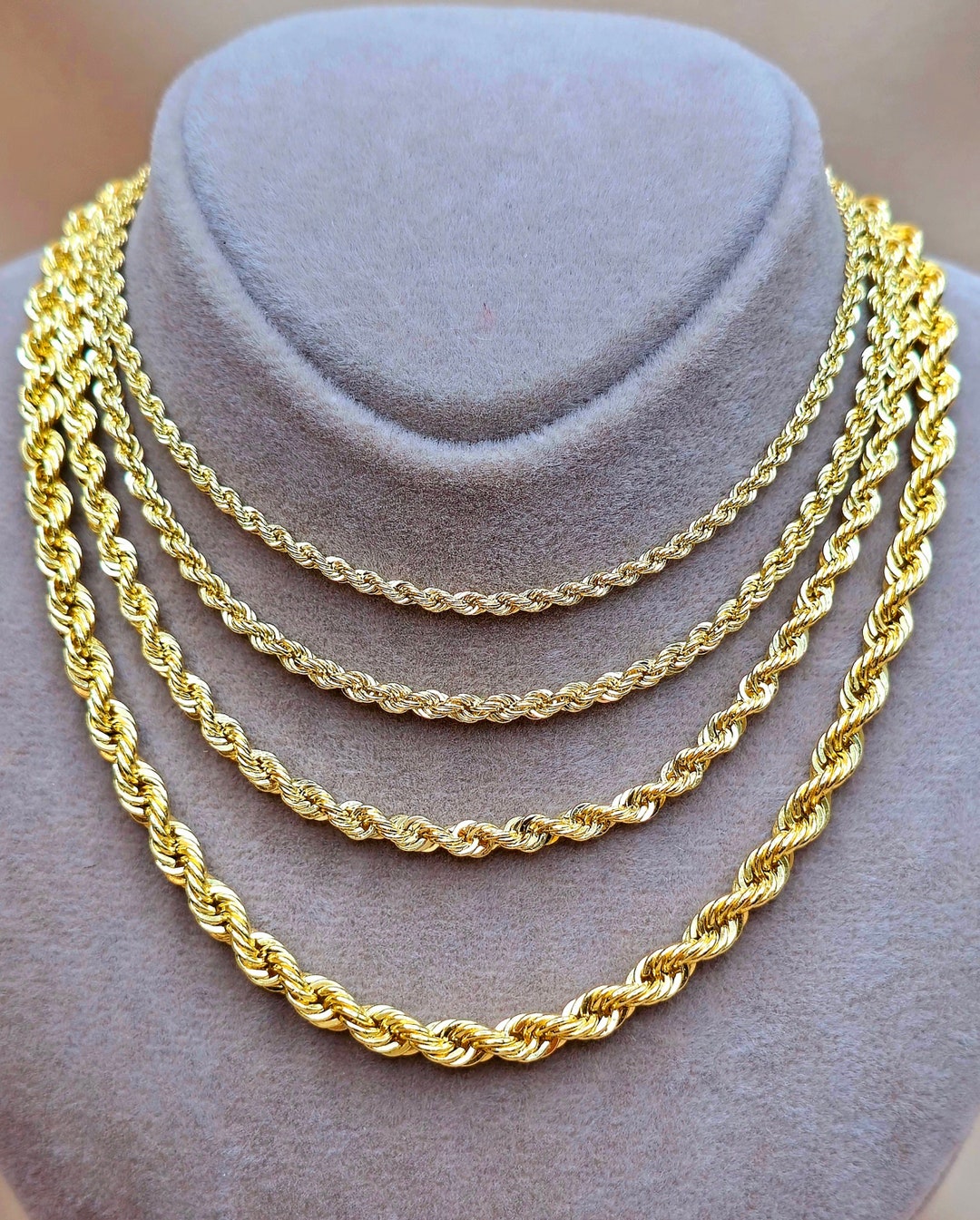 18K Solid Gold Rope Chain Necklace, Real 18K Yellow Gold Rope Link ...