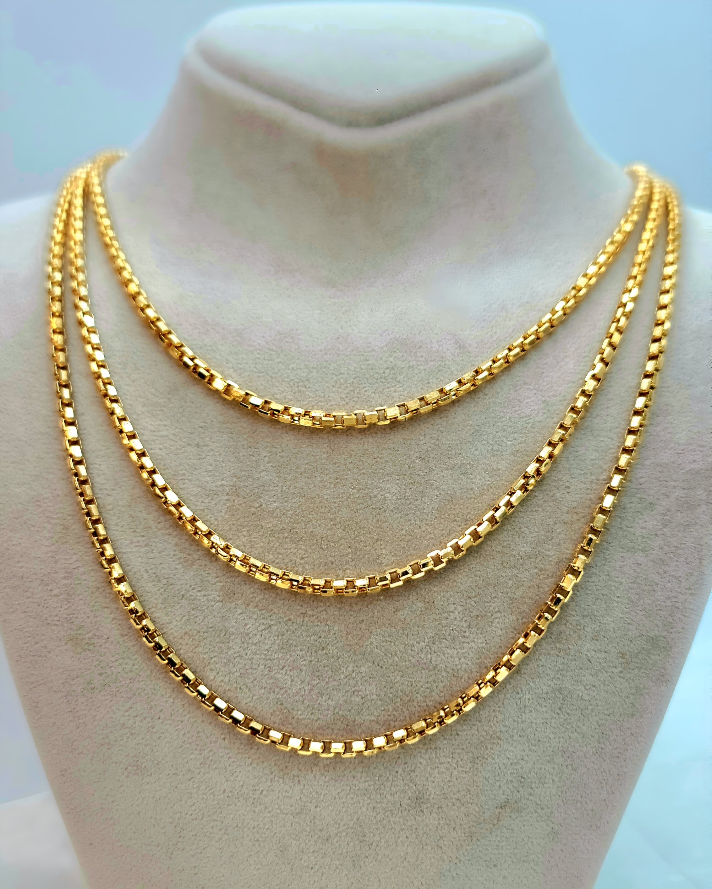 Pure 18K Solid Gold Box Chain Necklace: Diamond-cut Link (3.5mm Thick ...
